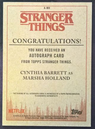 2018 Topps Stranger Things Autograph CYNTHIA BARRETT As MARSHA HOLLAND ...