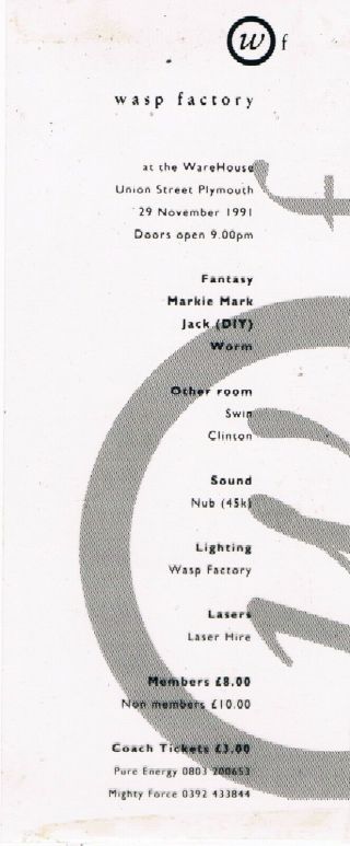 WASP FACTORY Rave Flyer Flyers A6 8/5/92 Plymouth Warehouse Rare Choci ...