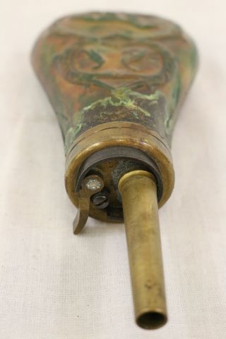 Antique/Vtg Embossed Brass Powder Flask In Suede Pouch | #20069853
